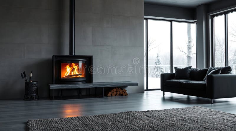 Modern Minimalist Interior with Characteristic Cast Iron Fireplace ...