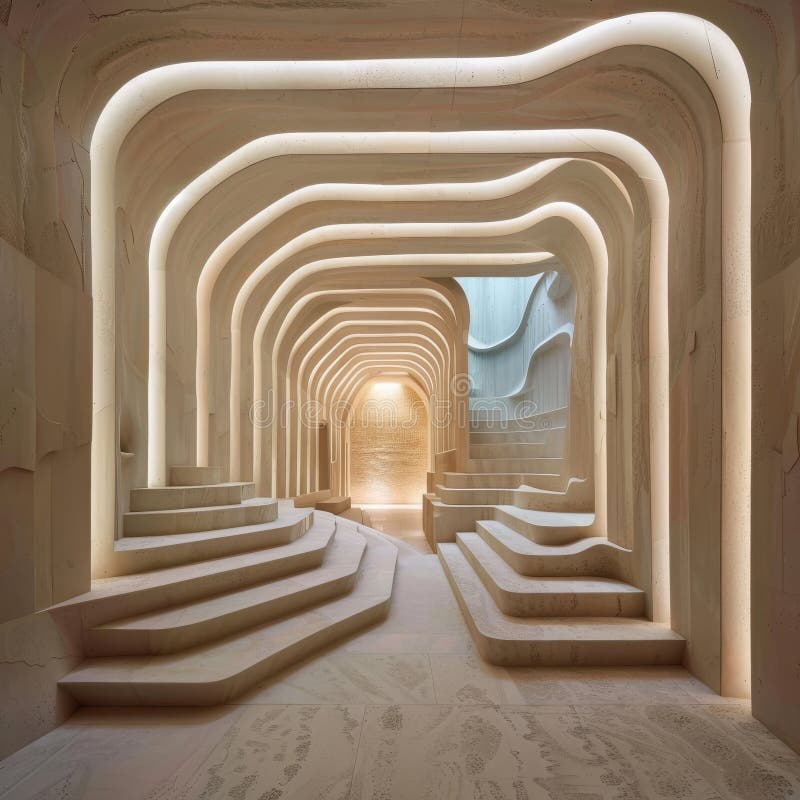 Modern Minimalist Interior, Curving Stone Architecture, Soft Light ...