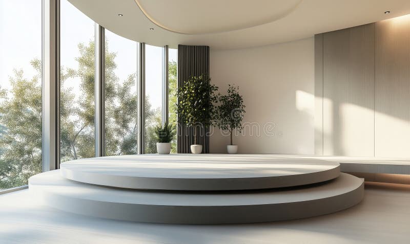 Modern Minimalist Interior Design Featuring Circular Platform, Large ...