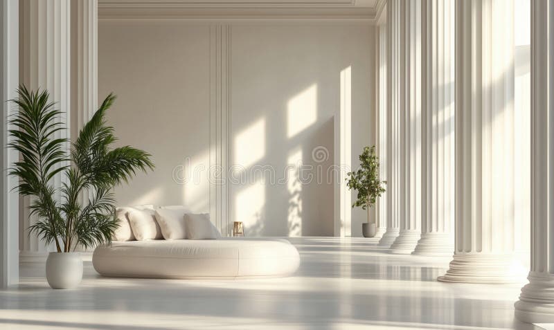 Modern Minimalist Interior Design Featuring Elegant Columns, Soft Round ...