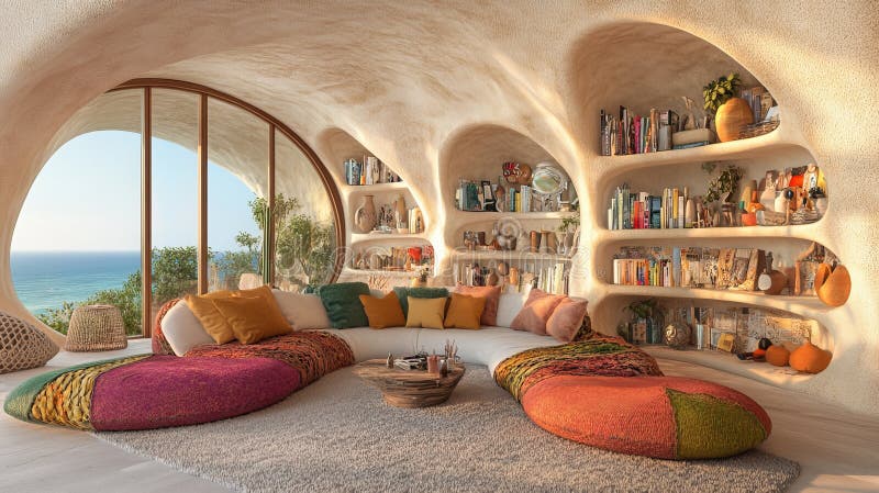 A Modern, Minimalist Interior Design Featuring Large Oval Windows that ...