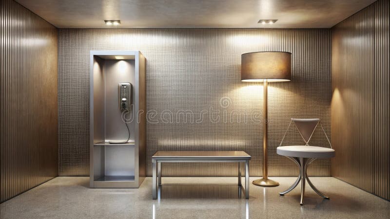 Modern Minimalist Interior Design Featuring a Telephone Booth, Low ...
