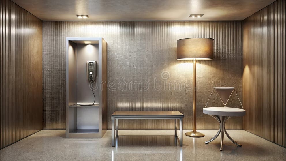 Modern Minimalist Interior Design Featuring a Telephone Booth, Low ...