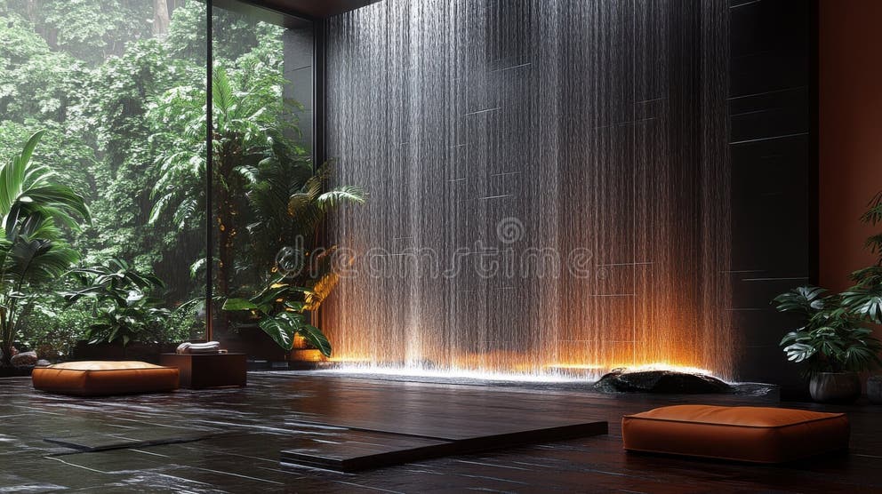 Modern Minimalist Interior Design with Indoor Waterfall and Lush ...