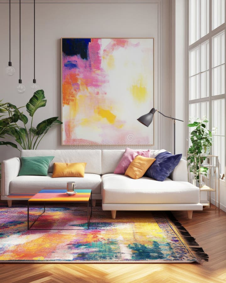 Modern Minimalist Interior Design of a Living Room with a Colorful Sofa ...