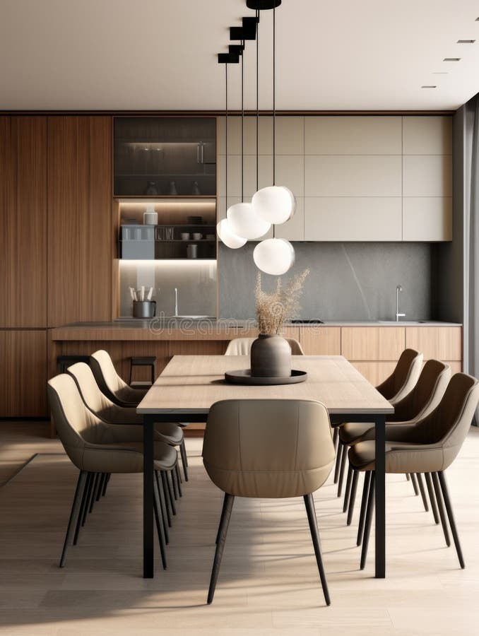 Modern Minimalist Interior Design of Luxury Kitchen, Dining Table and ...