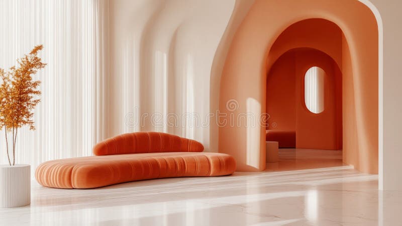 Modern Minimalist Interior Design with Orange Sofa and Archways Stock ...