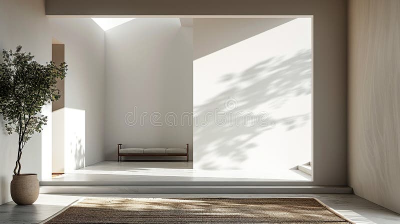 Modern Minimalist Interior Design with Sunlit Courtyard and Tree Stock ...
