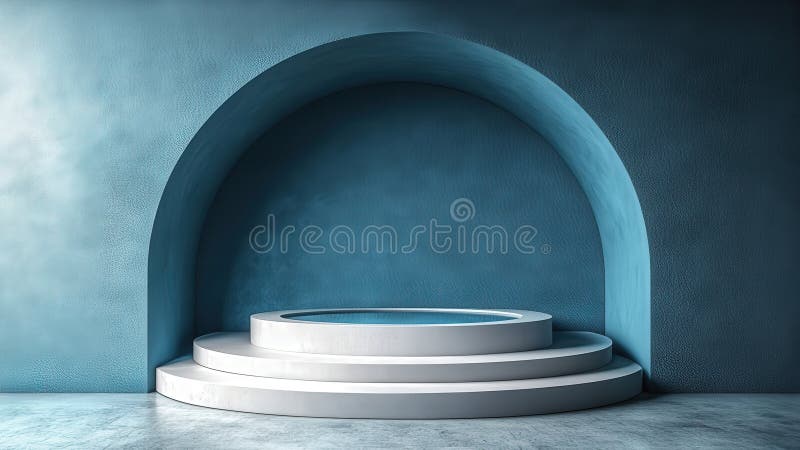 A Modern Minimalist Interior Featuring Circular Platforms and Soft Blue ...