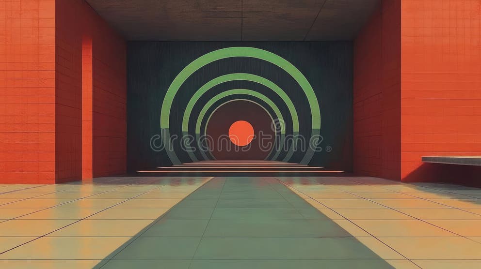 Abstract Modern Architecture Interior with Concentric Circles and Red ...