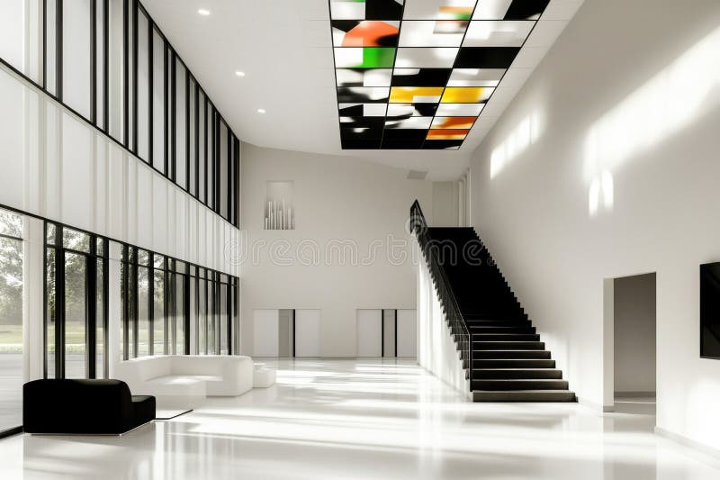 Modern Minimalist Interior with Geometric Ceiling Design and Black ...