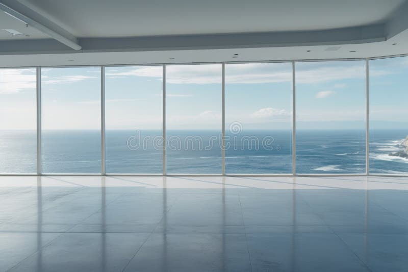 Modern Minimalist Interior with Large Windows Overlooking the Ocean ...