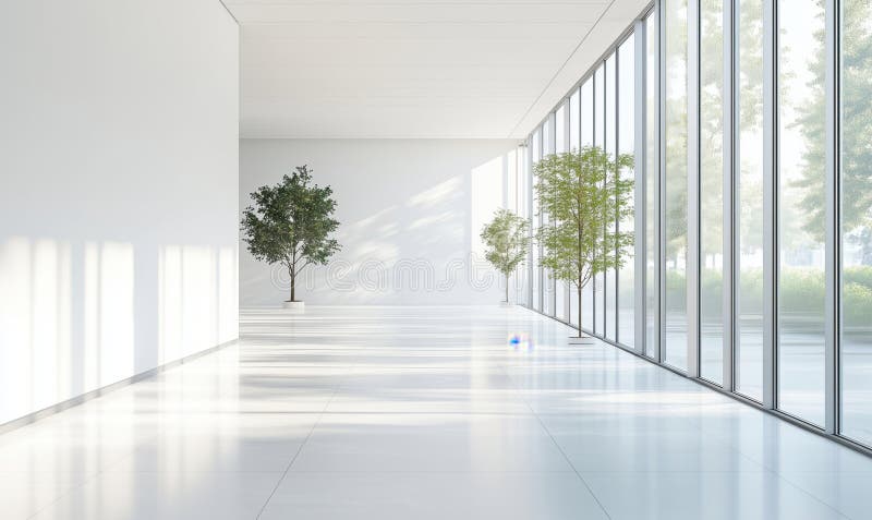 Modern Minimalist Interior with Large Windows and Potted Trees Stock ...