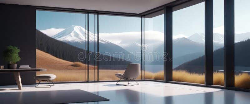 Modern Minimalist Interior with Mountain View through Large Glass ...