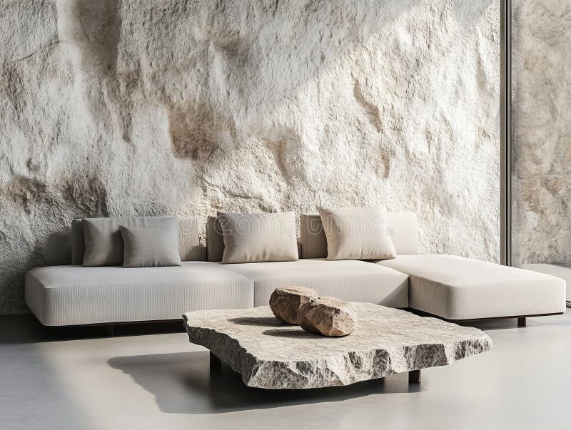 Modern Minimalist Interior: Neutral Couch, Stone Wall, Chic Design ...