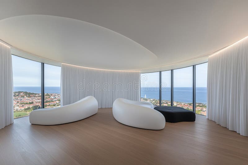 Modern Minimalist Interior with Ocean View through Panoramic Windows ...