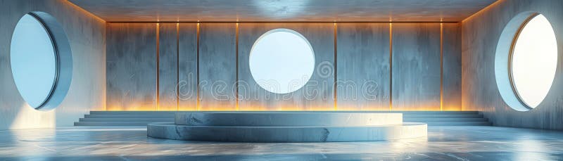 Modern Minimalist Interior with Oval Windows and Soft Lighting Stock ...