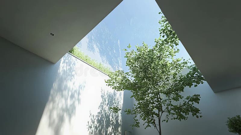 Modern Minimalist Interior Patio with Skylight and Tree Growing Under ...