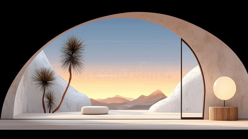 Modern Minimalist Interior with Scenic View of Mountains and Palm ...