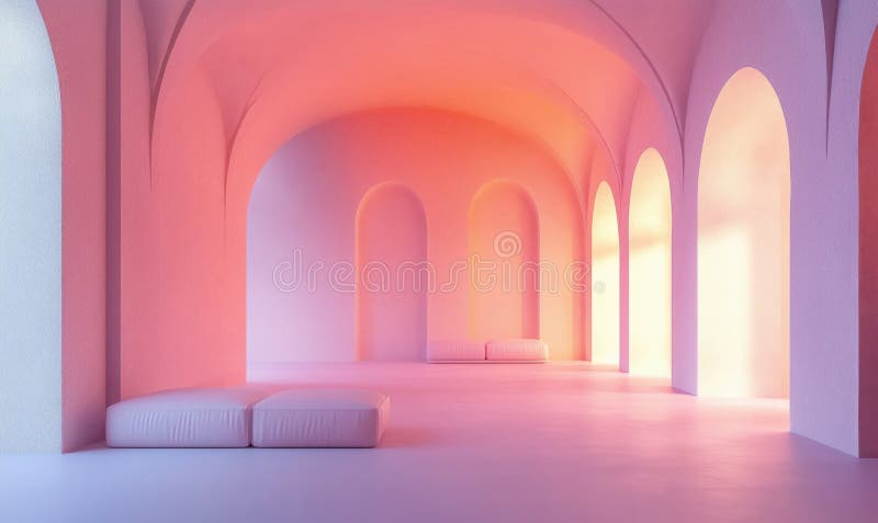 Modern Minimalist Interior with Soft Pink Lighting and Arched ...
