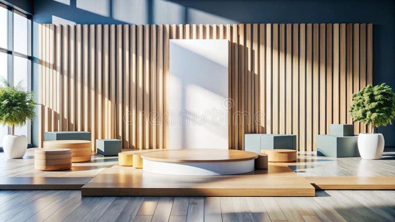 Modern Minimalist Interior with Wooden Wall, Podium, and Plants Stock ...