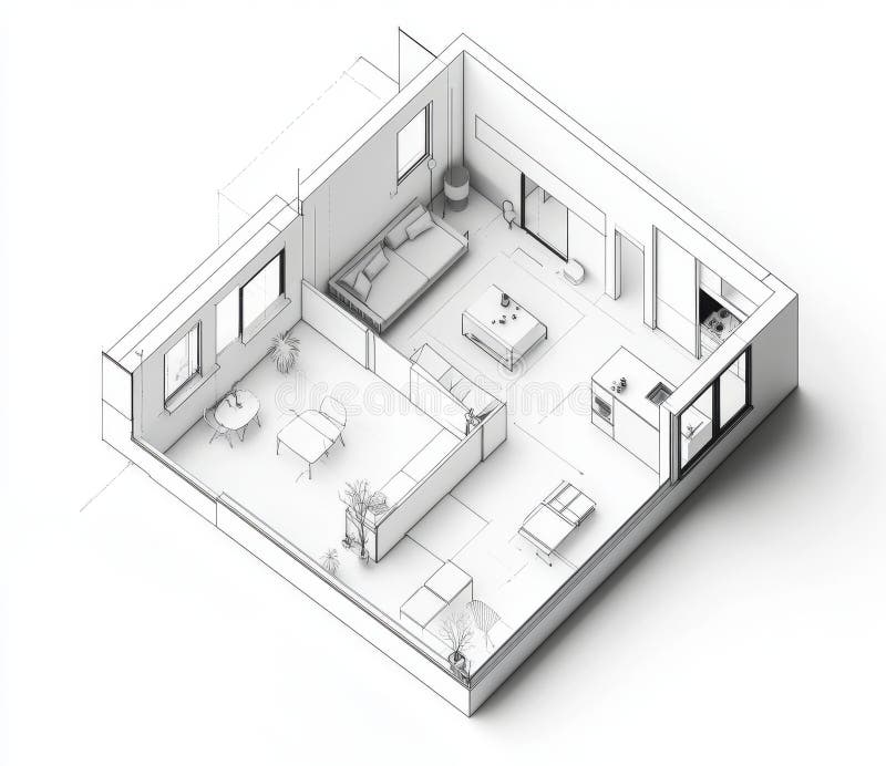 Modern Minimalist Isometric Apartment Interior Rendering Stock ...