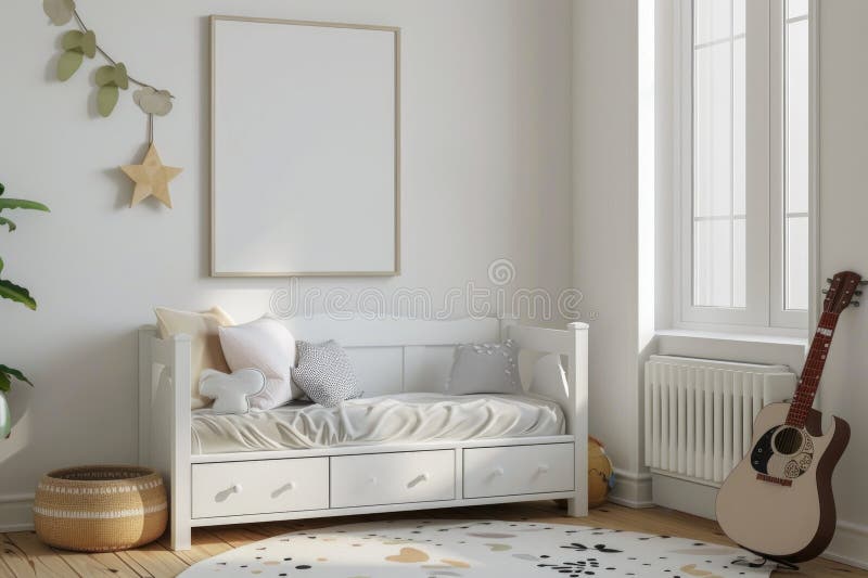 Modern Minimalist Kids Room with Daybed, Guitar, and Large Window Stock ...