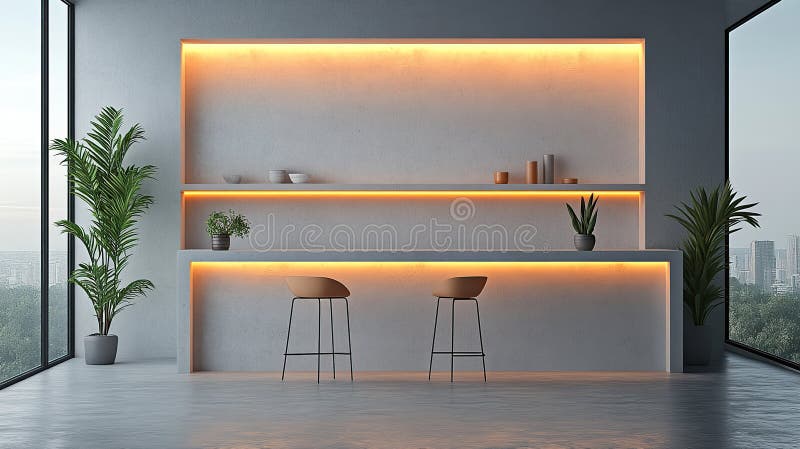 Modern, Minimalist Kitchen Bar with Warm Lighting Stock Illustration ...