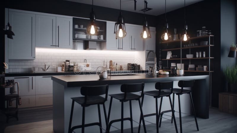 Modern Minimalist Kitchen in Black and White with Loft-style Elements ...