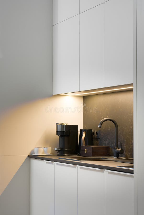 Modern Minimalist Kitchen Counter with Coffee Machine and Sink Stock ...