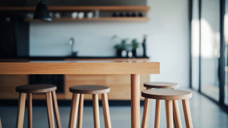Modern Minimalist Kitchen Design Featuring Wooden Table and Stools ...