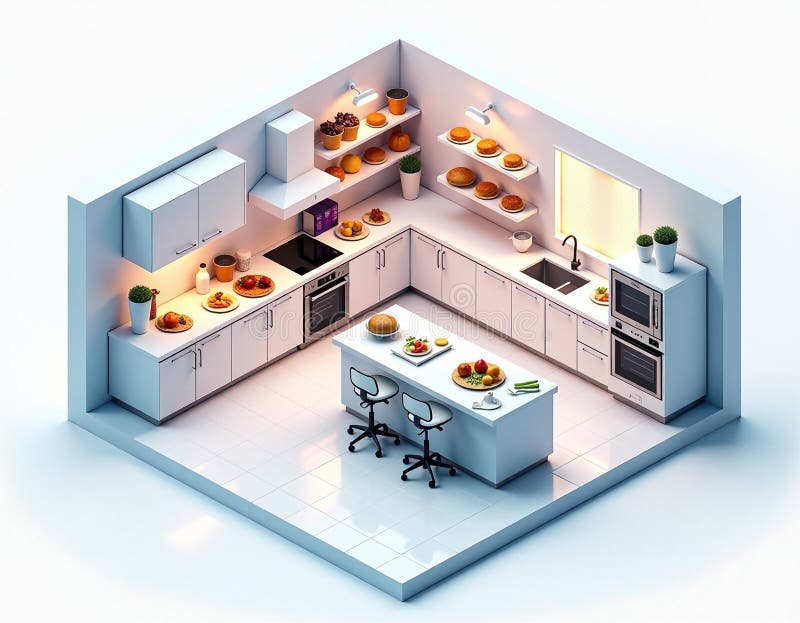Modern Minimalist Kitchen Design Isometric 3D Render Stock Illustration ...