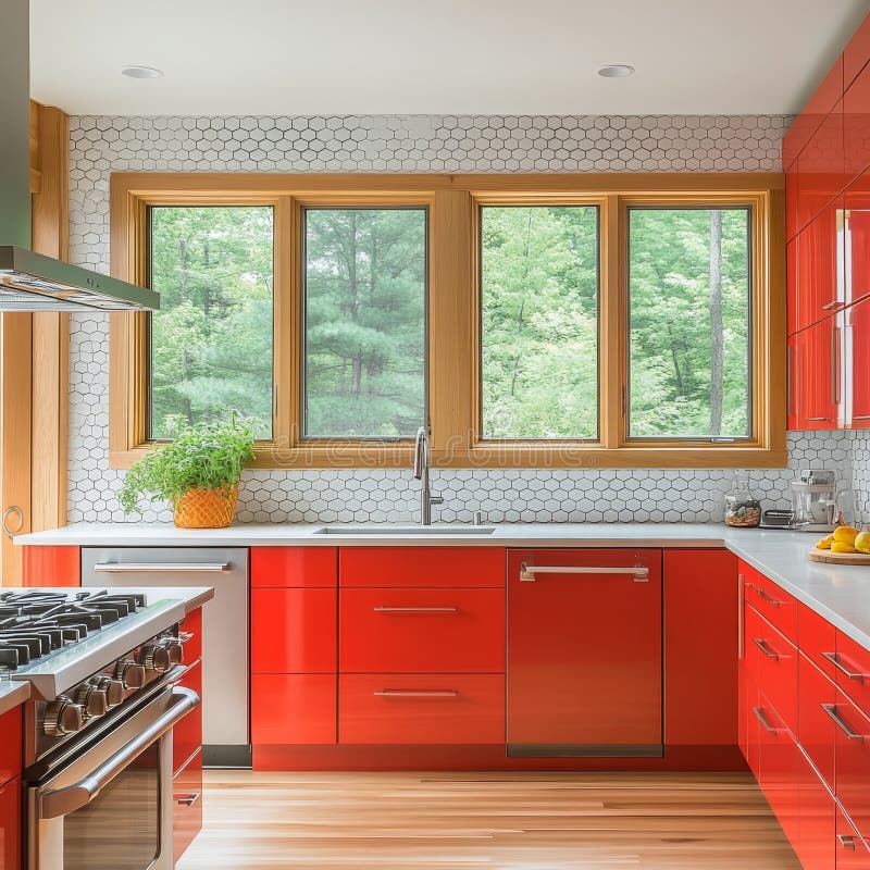 Modern, Minimalist Kitchen Design in Red and White with Large Windows ...