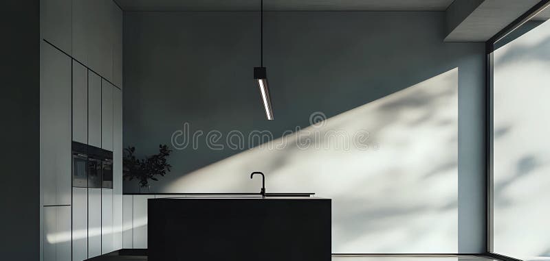 Modern Minimalist Kitchen with Dramatic Lighting. Side View Stock ...