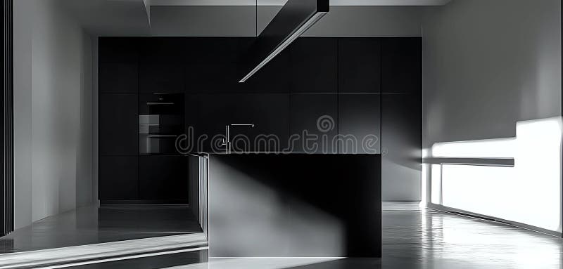 Modern Minimalist Kitchen with Dramatic Lighting. Wide View Stock ...
