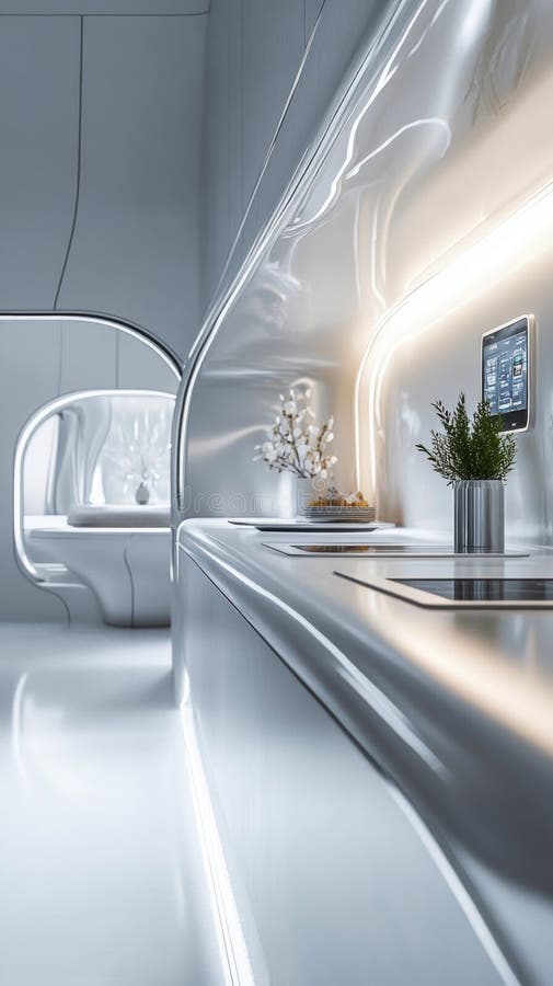 Modern Minimalist Kitchen Featuring a Silver and White Palette, Glossy ...