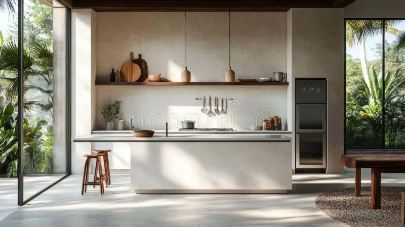 Modern Minimalist Kitchen Interior Design with Tropical Views Stock ...
