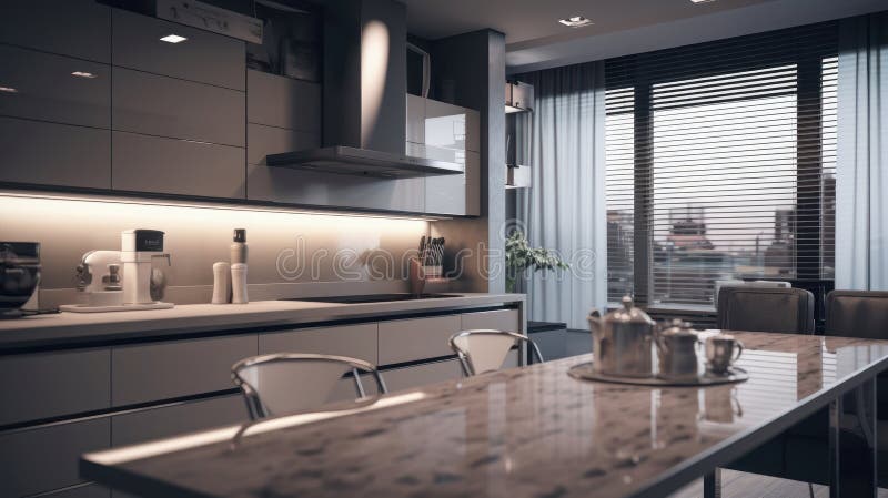 Modern Minimalist Kitchen Interior. Flat Facades, Stone Countertop ...