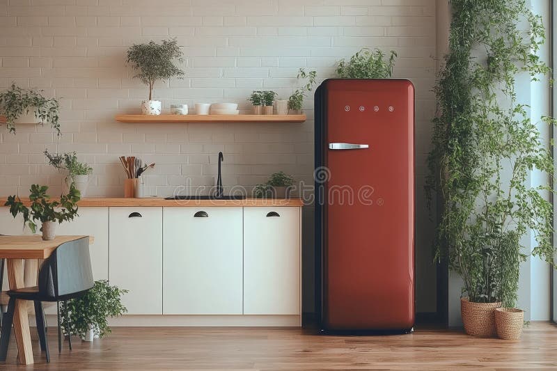 Modern Minimalist Kitchen Interior with Red Refrigerator, White ...