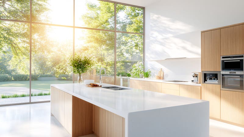 Modern Minimalist Kitchen with Large Windows and Natural Light Stock ...
