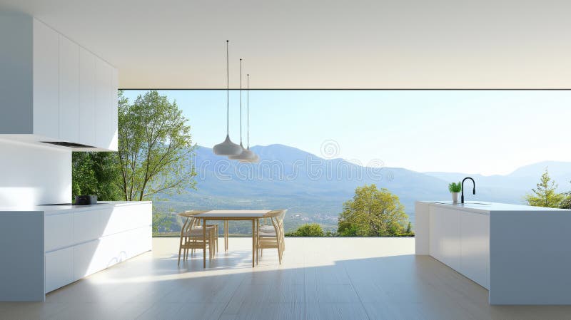 Modern Minimalist Kitchen with Panoramic Mountain View through Floor-to ...