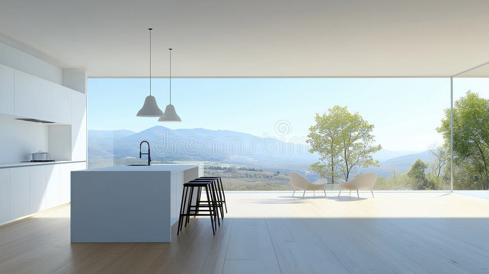 Modern Minimalist Kitchen with Panoramic Mountain View and Natural ...