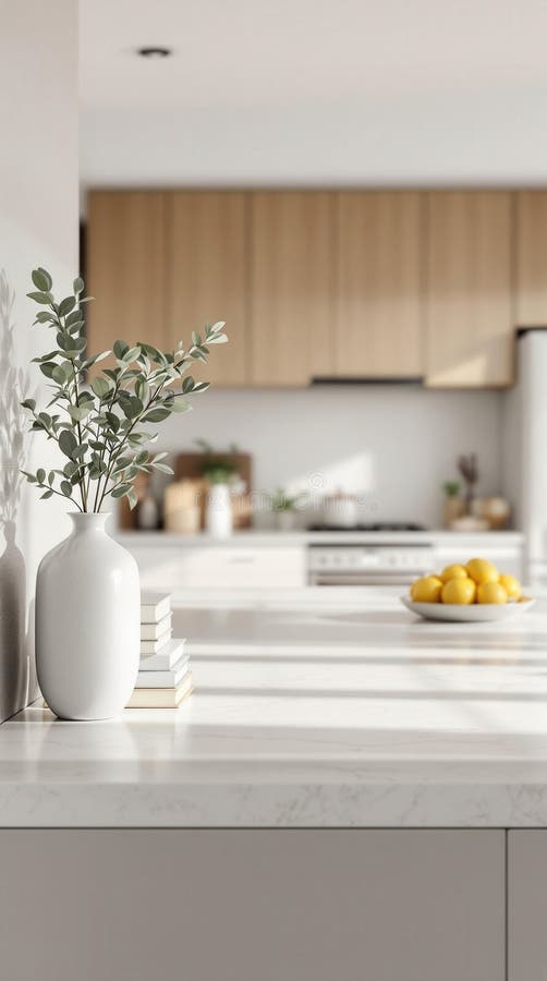 Modern Minimalist Kitchen with Sunlight and Fresh Decor Stock Photo ...