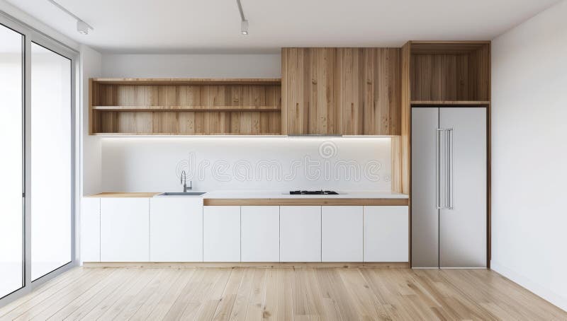 Modern Minimalist Kitchen with Wooden Cabinets and White Countertops in ...