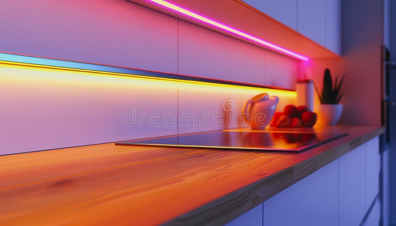 Modern Minimalist Kitchen with Wooden Table, Warm Lighting, and Space ...
