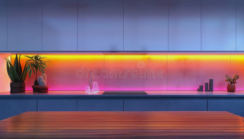 Modern Minimalist Kitchen with Wooden Table, Warm Lighting, and Space ...