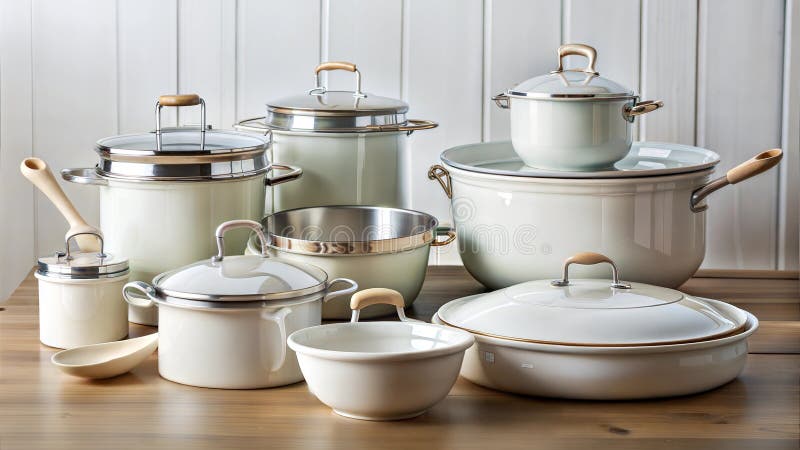 A Pristine Set of White Cookware with Wooden Handles Stock Illustration ...
