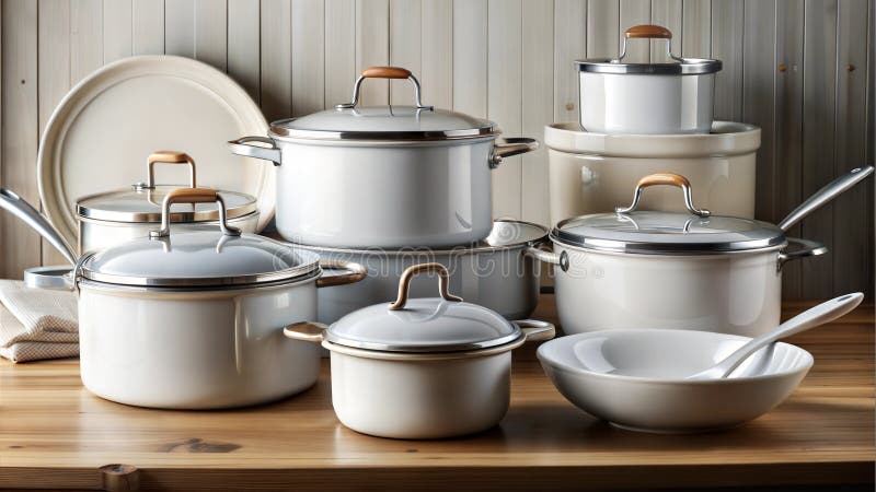 A Pristine Set of White Cookware with Wooden Handles Stock Illustration ...