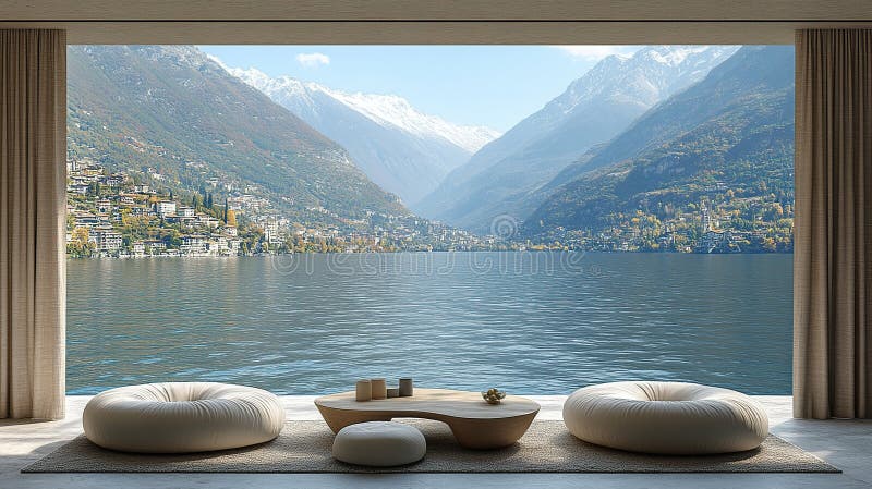 Modern, Minimalist Living Area Overlooking a Serene Lake and Mountains ...