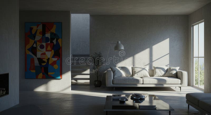 Modern Minimalist Living Room with Abstract Art and Natural Light Stock ...